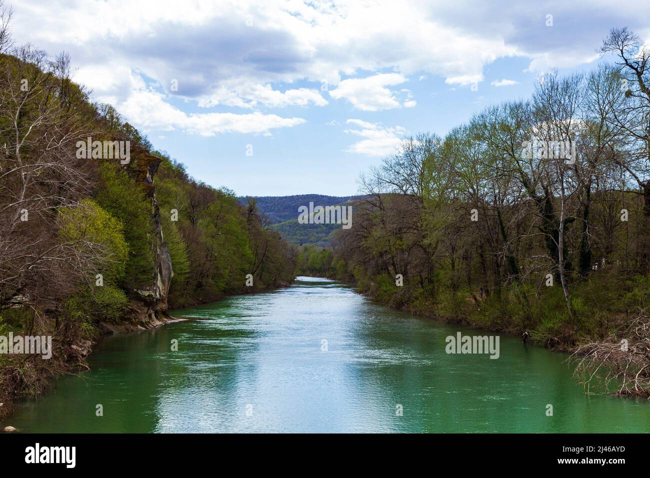 Beautiful landscape. River among the forest and mountains. Spring Stock ...