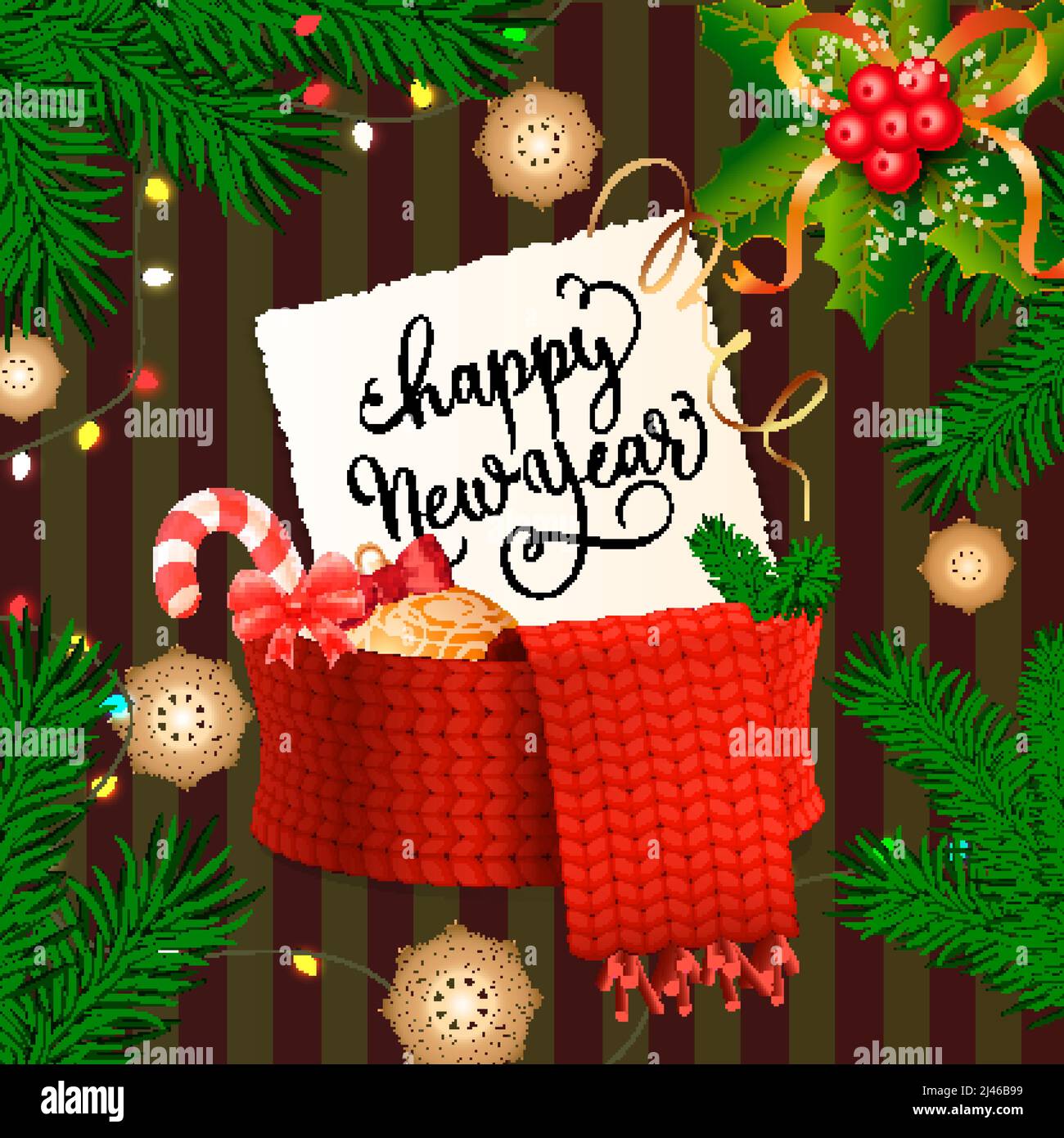 Happy New Year lettering on paper with knit scarf and ornaments ...