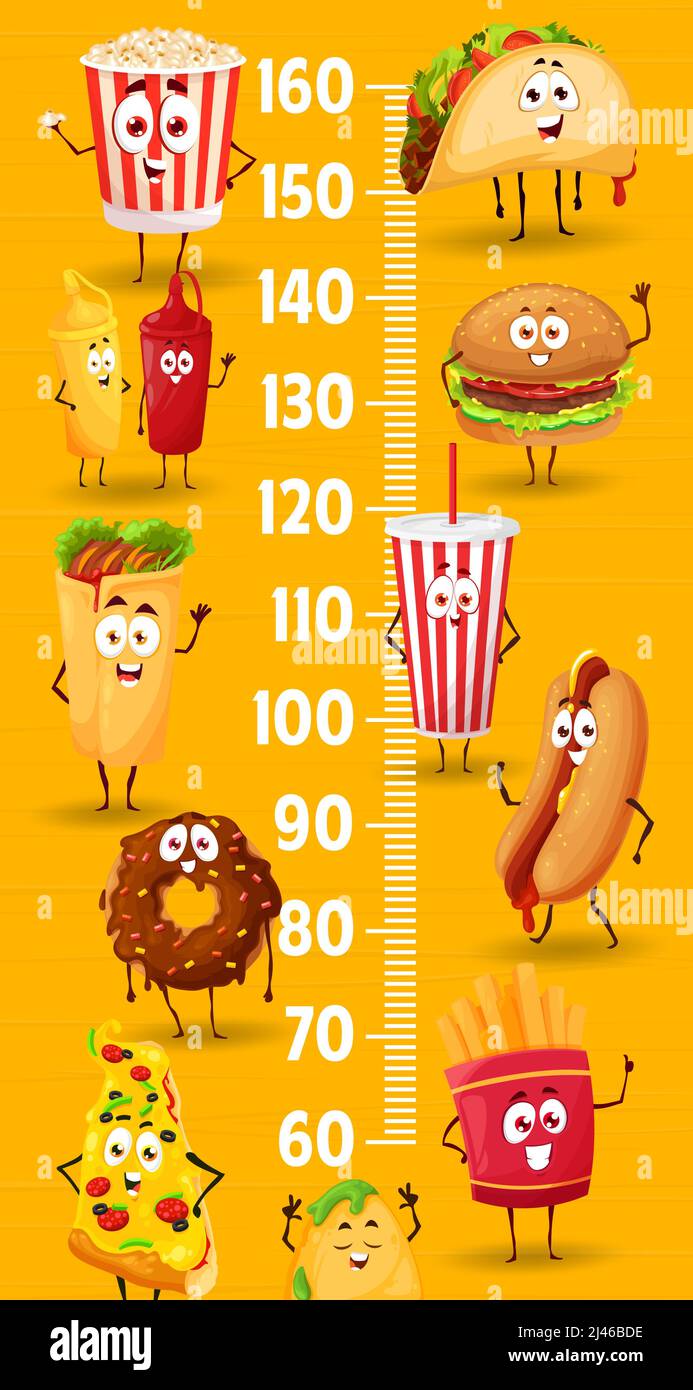 Fast food cartoon characters on kids height chart, vector growth ...