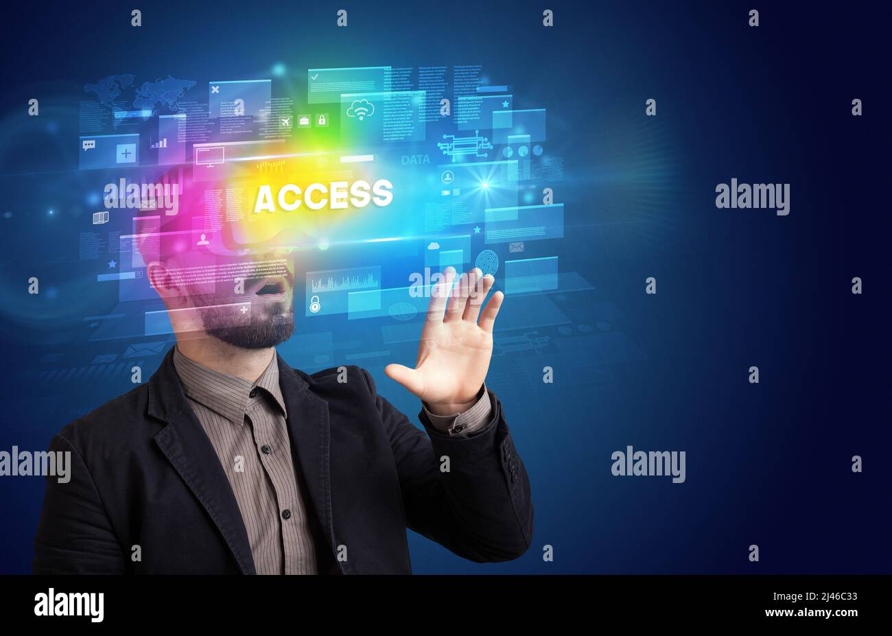 Businessman looking through Virtual Reality glasses Stock Photo - Alamy