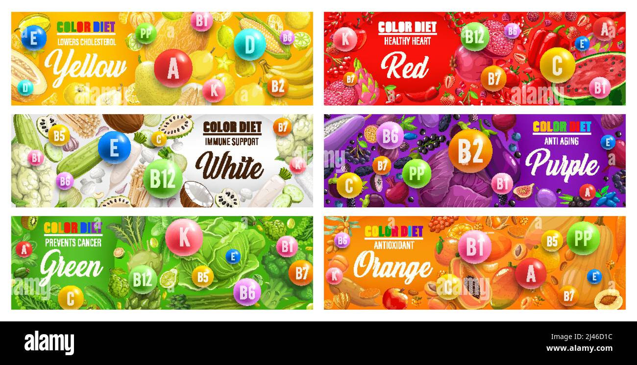 Color rainbow diet vector banners with vitamins in fruits and ...