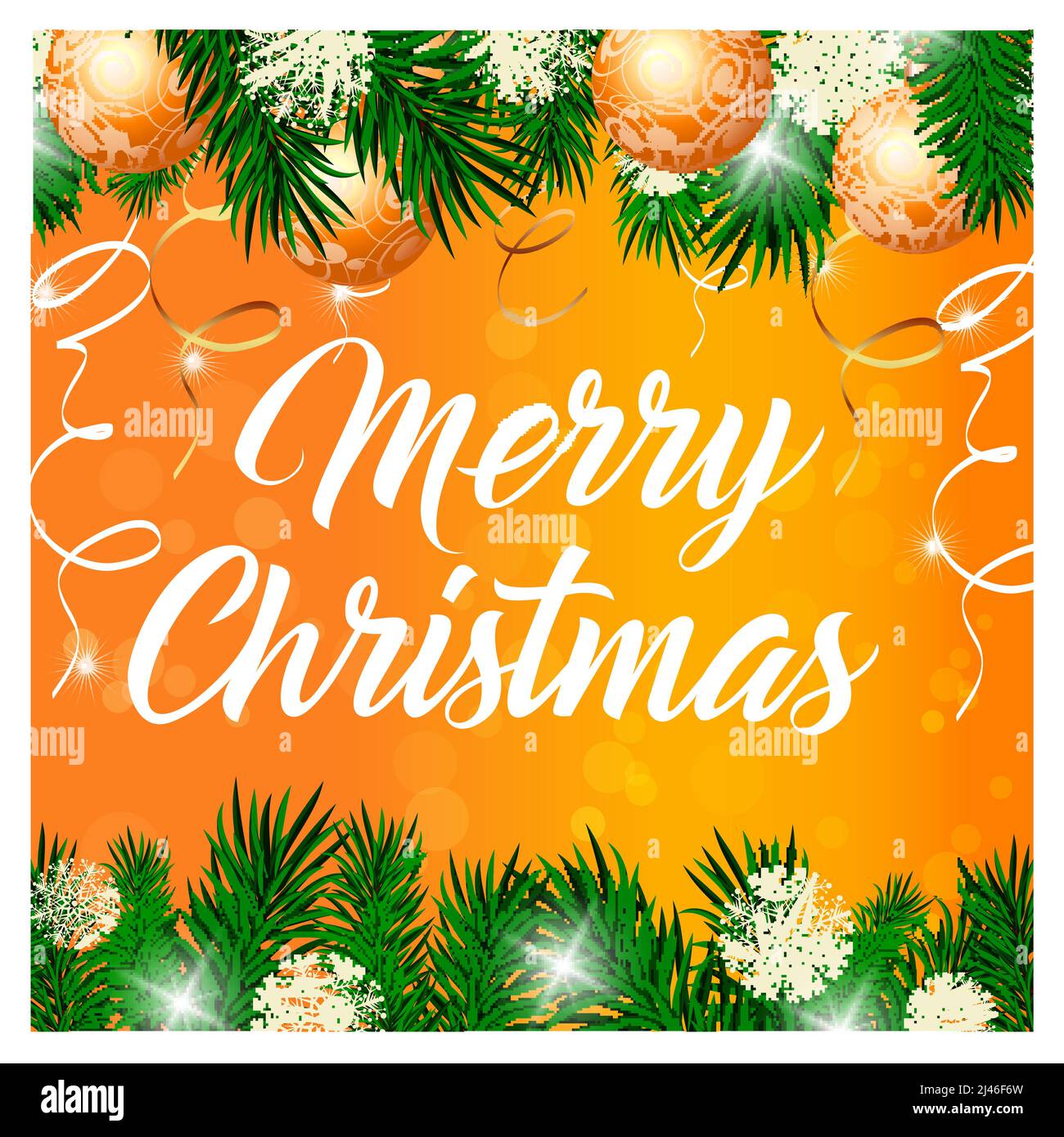 Merry Christmas lettering with fir sprigs, streamer, snowflakes and ...