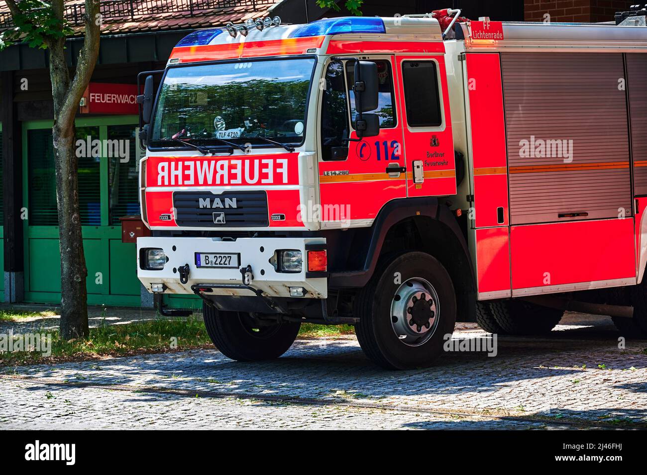 Berlin; Germany - June 26; 2021: View to a fire engine in front of a ...