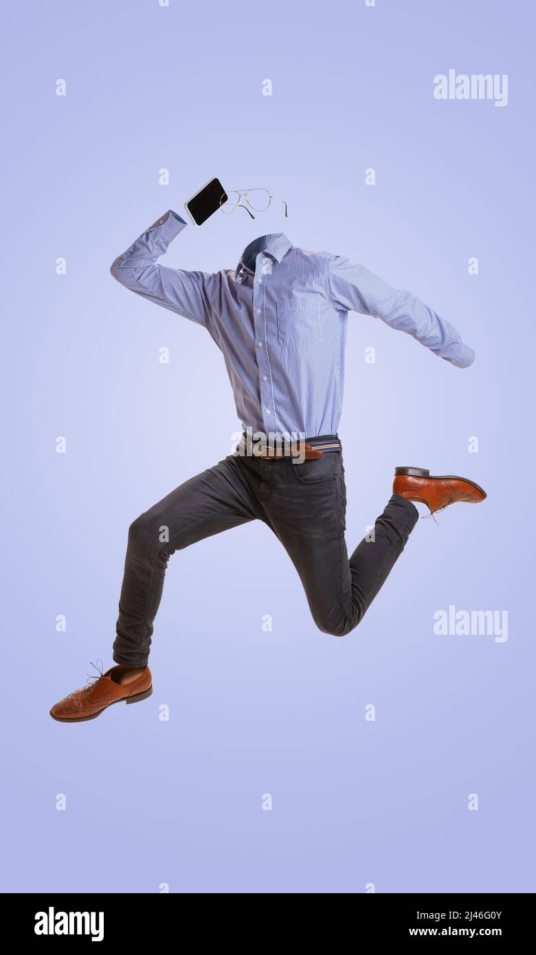 Portrait of invisible man wearing modern business style outfit running ...