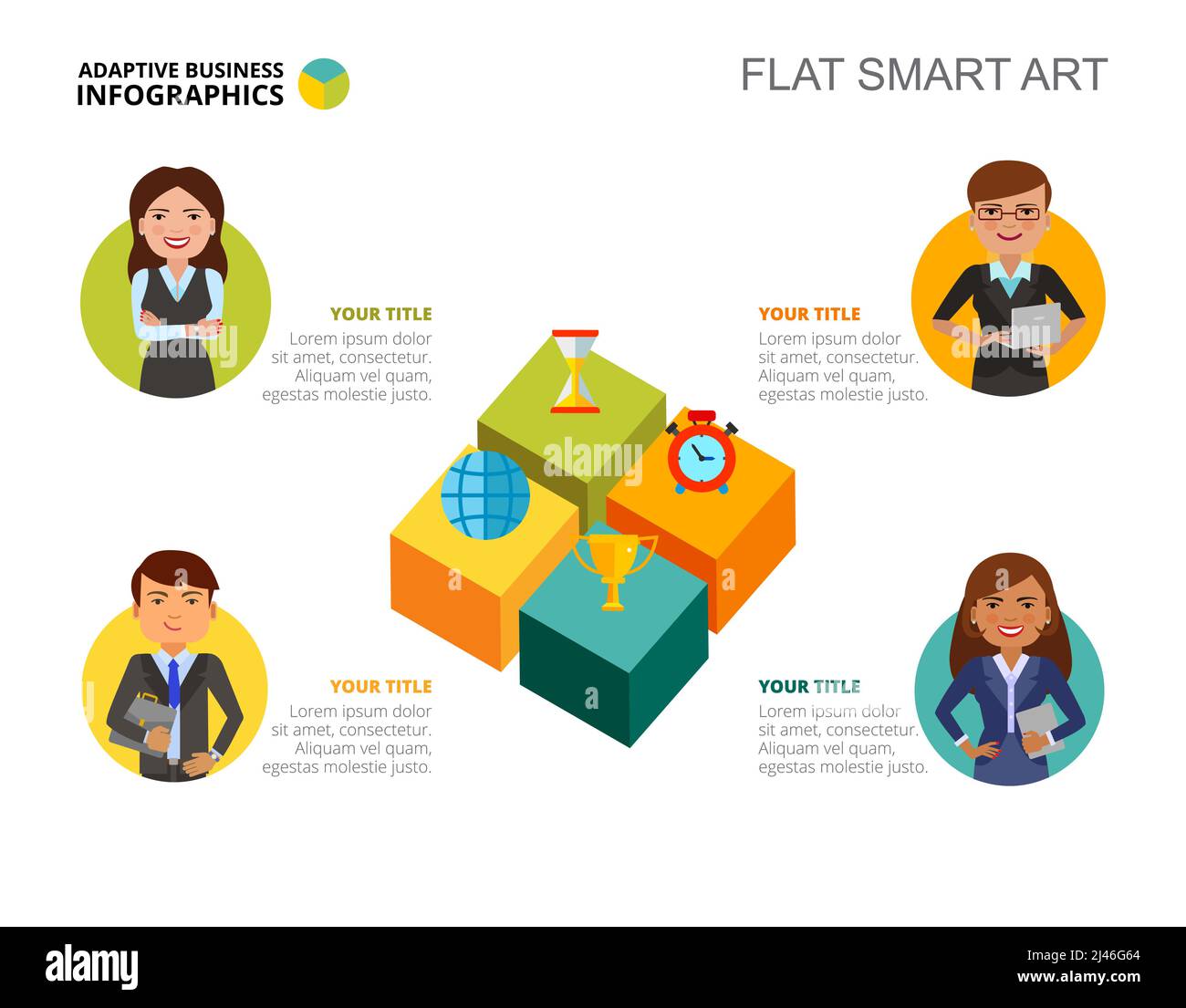Four people team process chart slide template. Business data ...