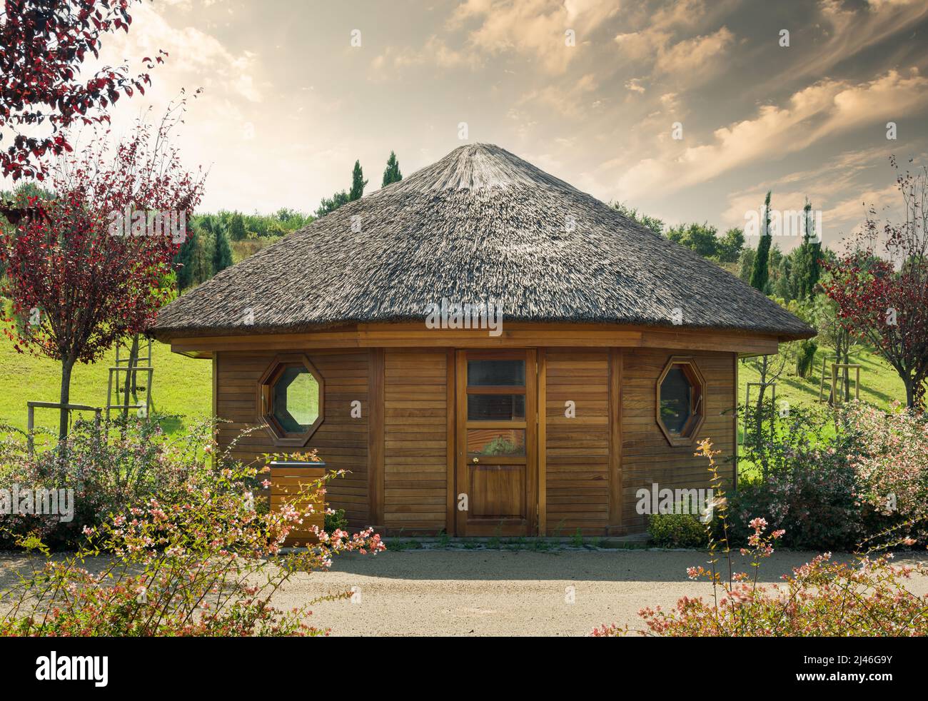 Small cute wooden cabin. Tiny house in the park Stock Photo - Alamy