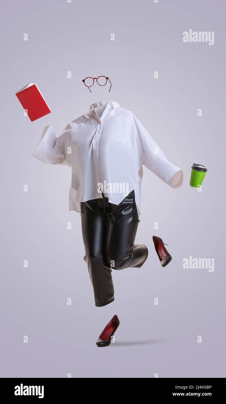 Creative portrait of invisible young woman in white shirt and leather ...
