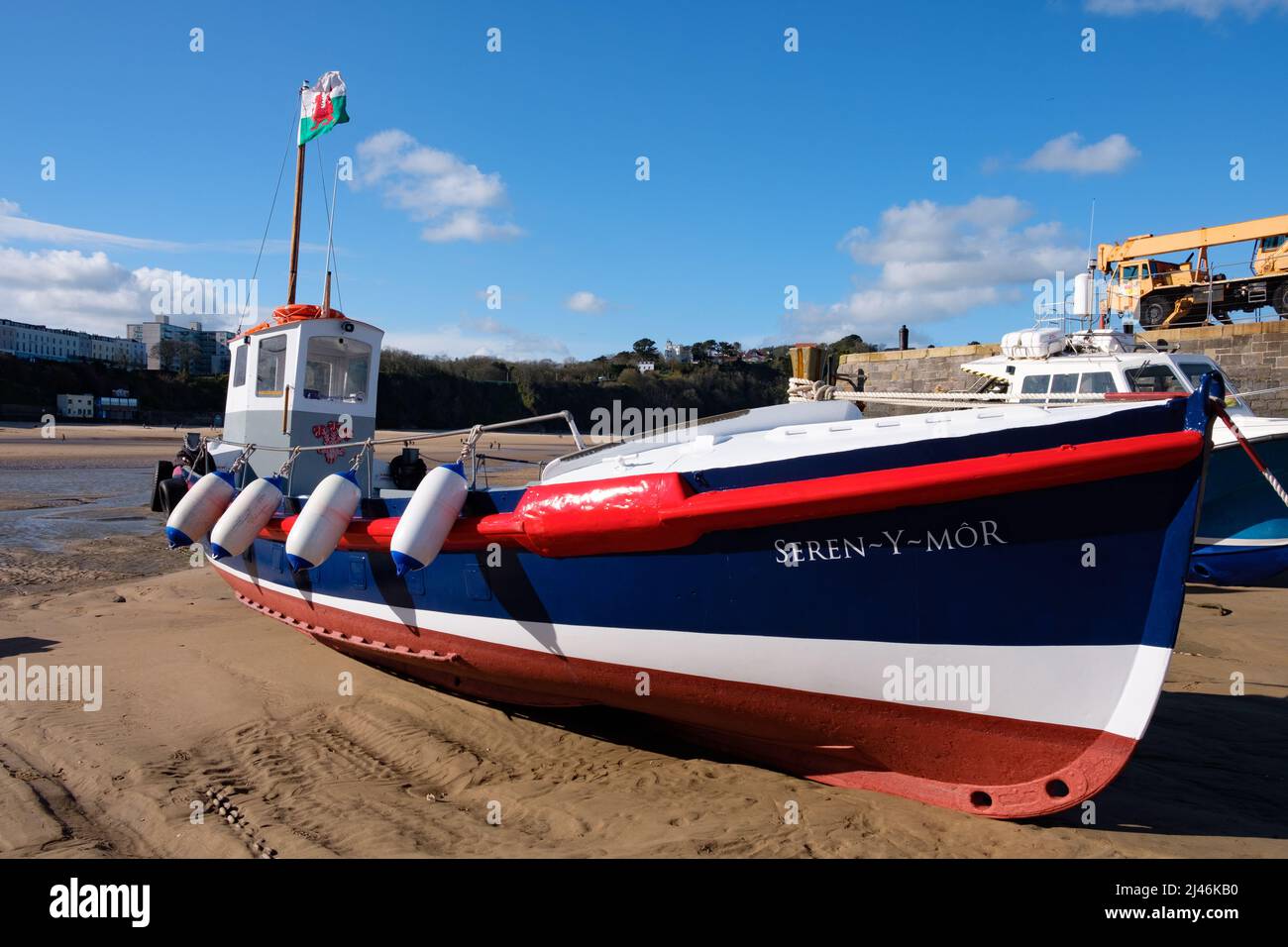 The boat Seren-Y-Mor in Tenby harbour, Pembrokeshire at low tide ...