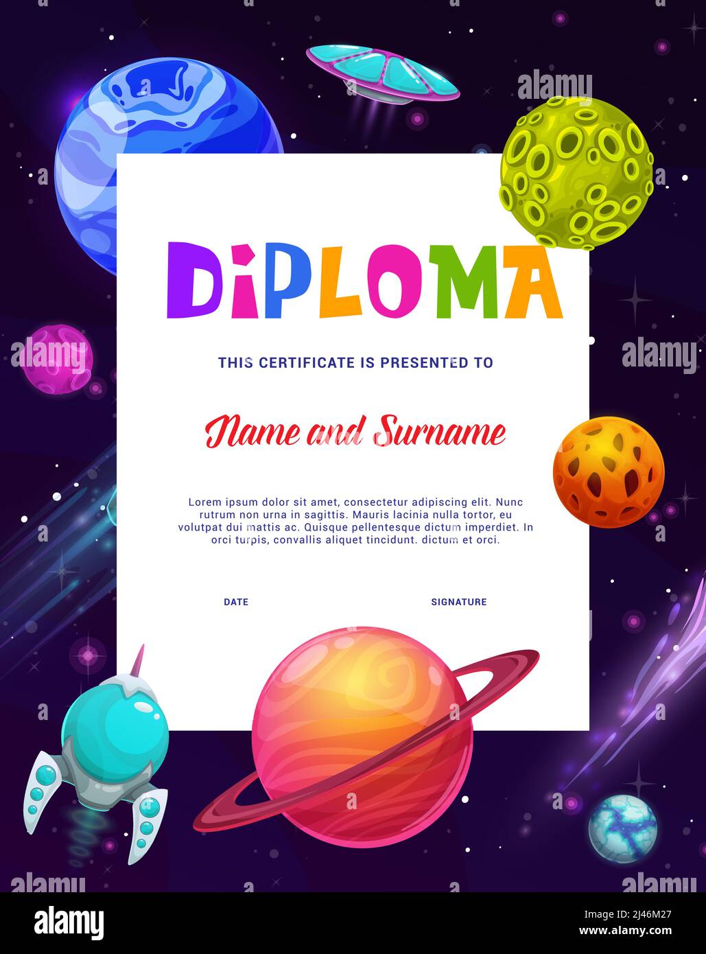 Kids diploma. Starry space, galaxy planets and spaceships. cartoon ...