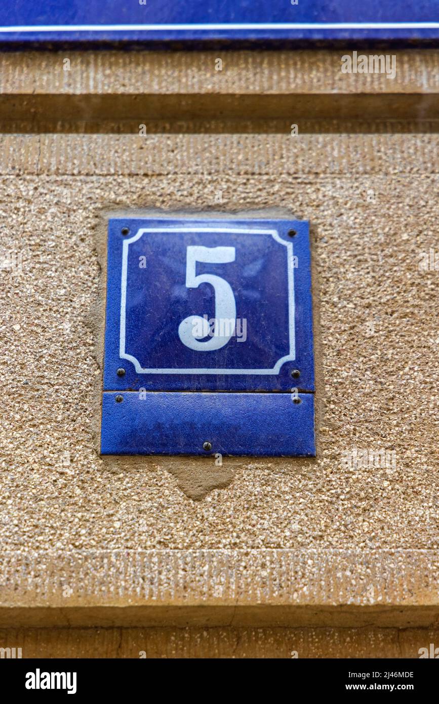 Blue Enamel Number Five Sign at House Wall Stock Photo - Alamy
