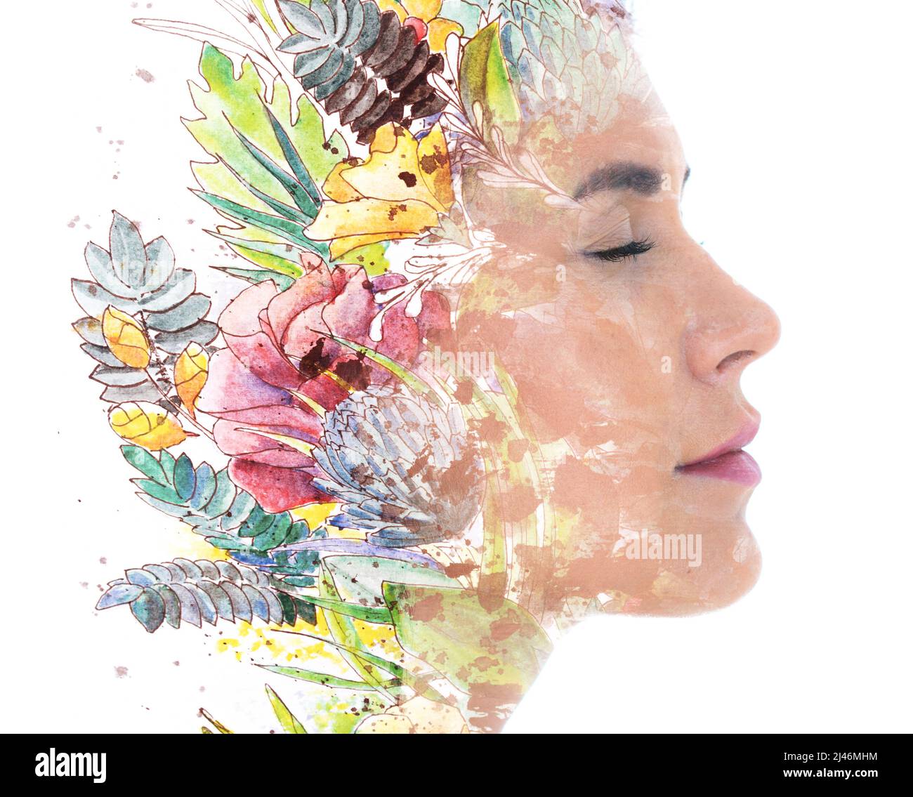 Paintography. A portrait of a woman mixed with a painting of tropical ...