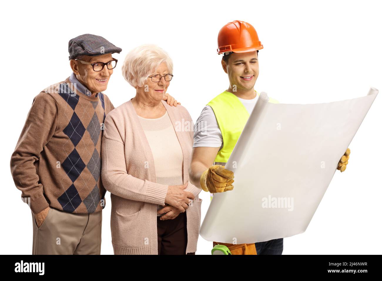 Construction worker showing a plan to an elderly couple isolated on ...