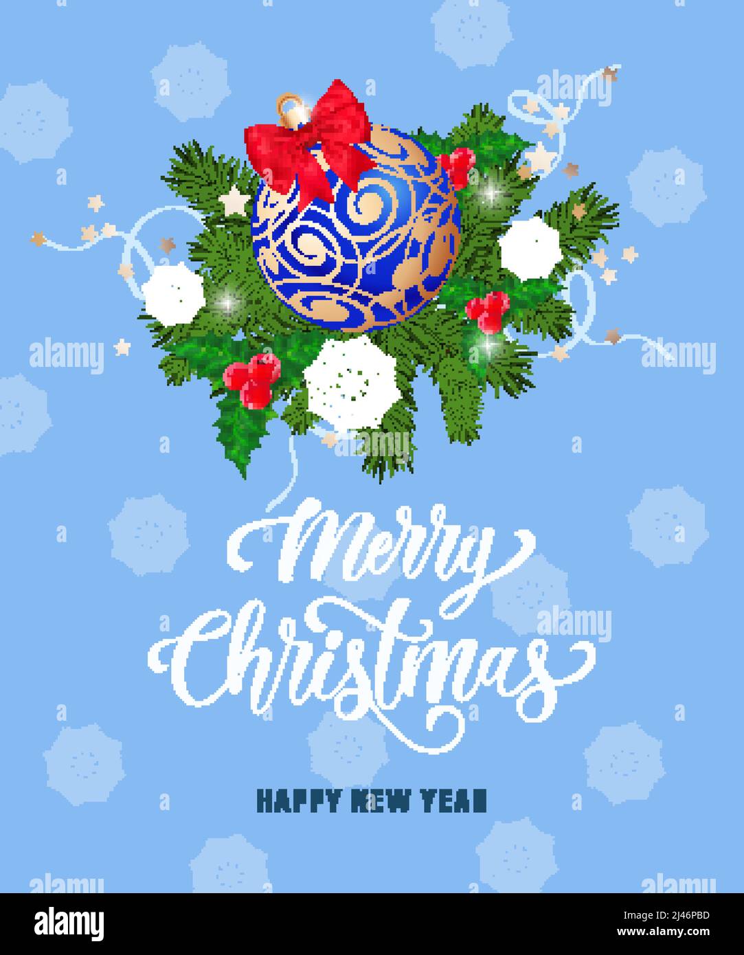 Merry Christmas lettering with bauble, fir branches, mistletoe and ...