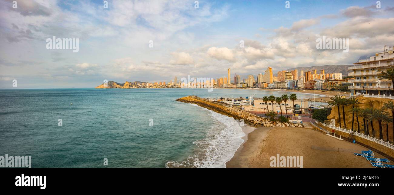 Travel landscape of Benidorm skyline across the harbour, Costa Dorada ...