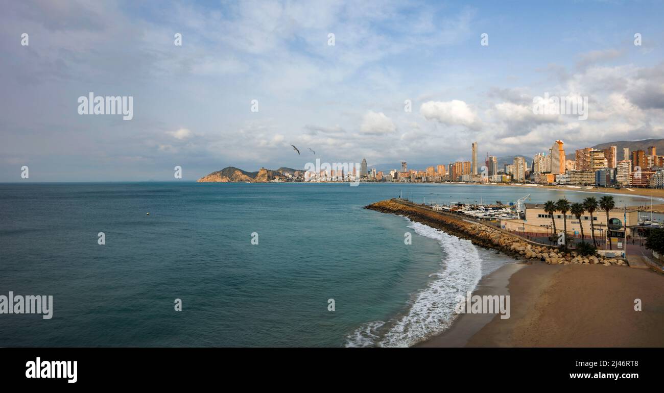 Travel landscape of Benidorm skyline across the harbour, Costa Dorada ...