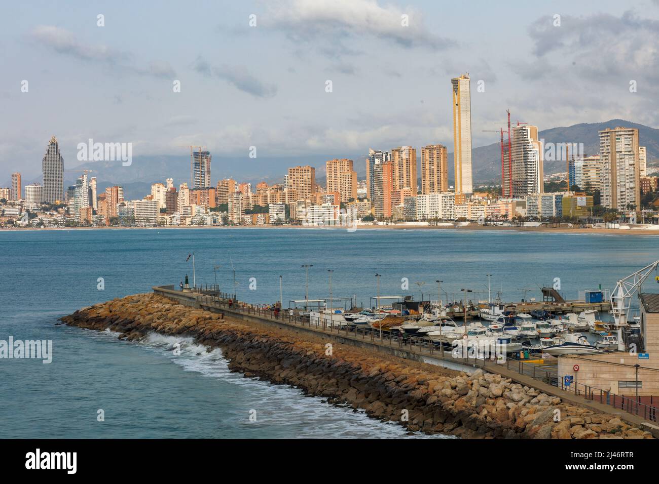 Travel landscape of Benidorm skyline across the harbour, Costa Dorada ...