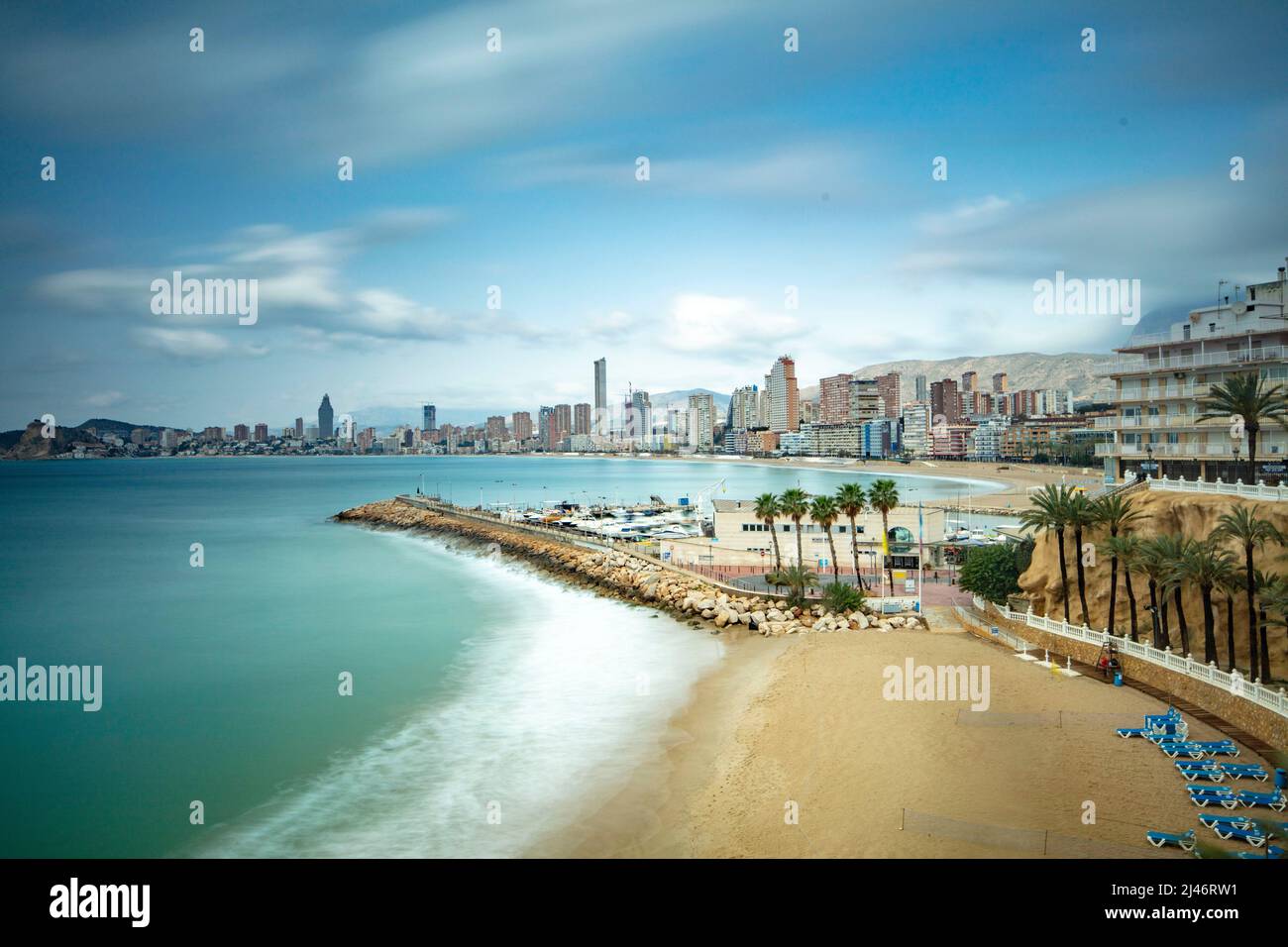 Travel landscape of Benidorm skyline across the harbour, Costa Dorada ...