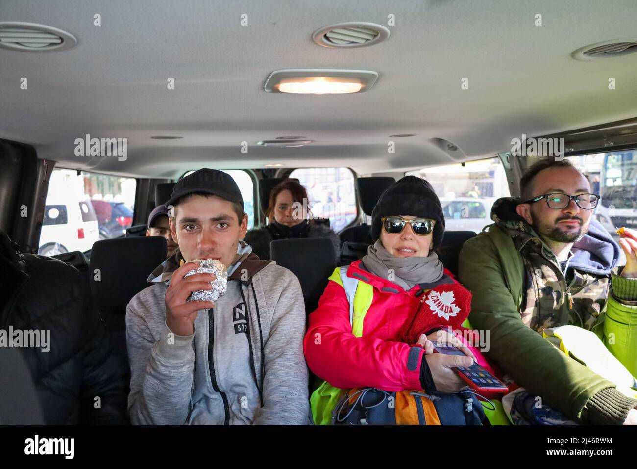 Przemysl, Poland. 11th Apr, 2022. Ukrainian Refugees in a van and the ...