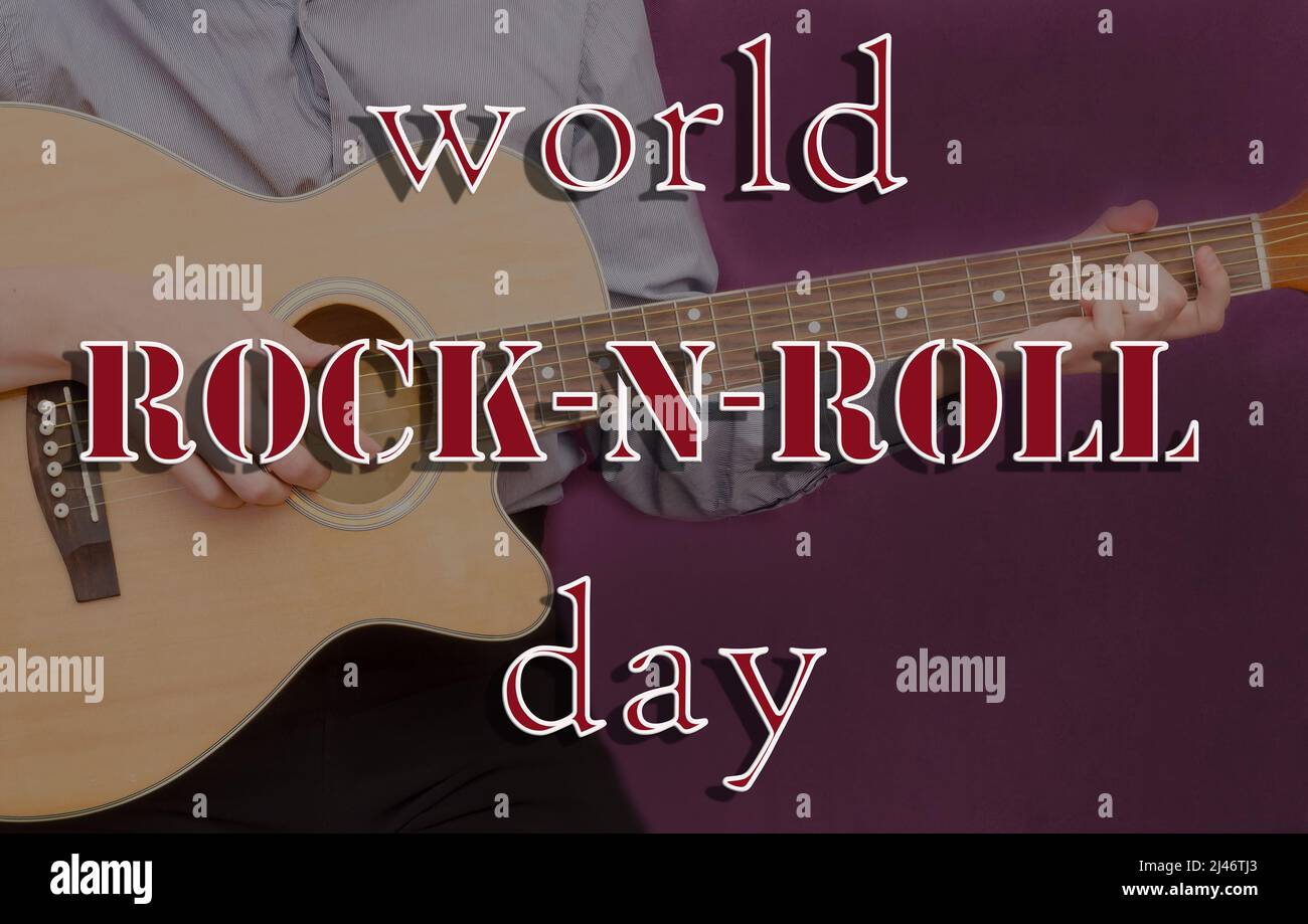 The inscription World Rock and Roll Day on the background of a guy ...