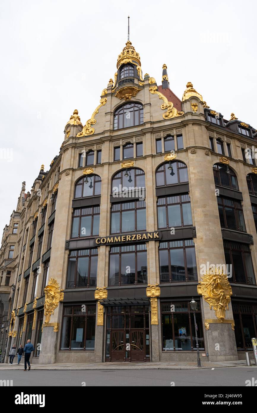 Pompous building of the German Commerzbank in the city. Golden elements ...