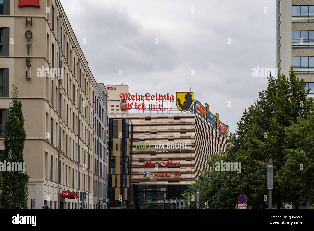 Höfe am Brühl shopping mall in the city center. Facade of a building ...