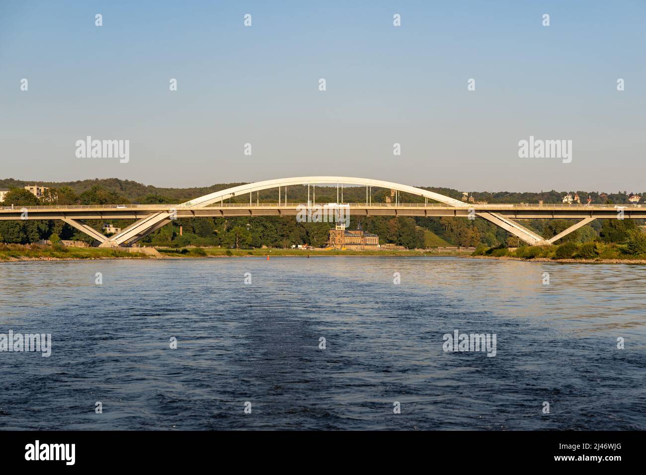 The Waldschlösschen Bridge with car traffic viewed from a boat. Huge ...