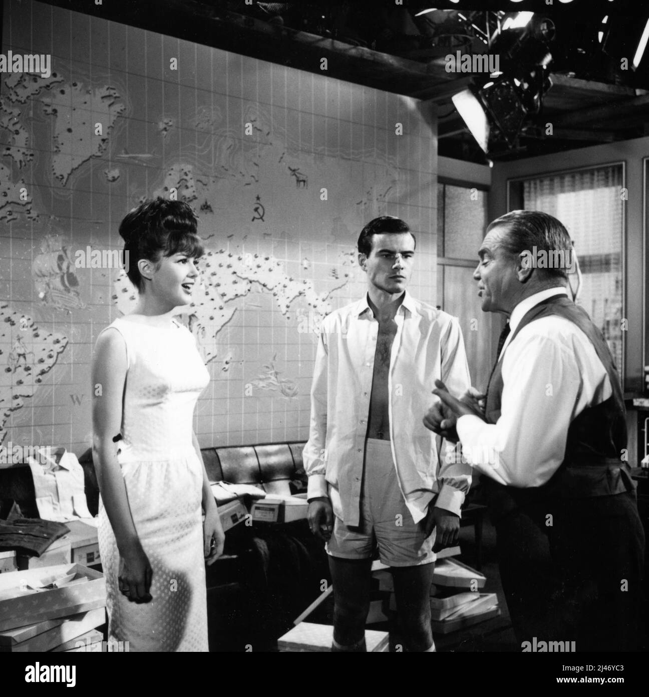 PAMELA TIFFIN HORST BUCHHOLZ and JAMES CAGNEY on set candid during filming of ONE, TWO, THREE ...