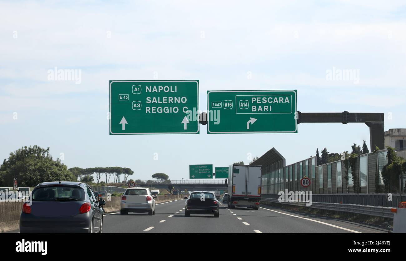 Highway with the signs of the locations of Southern Italy Naples ...