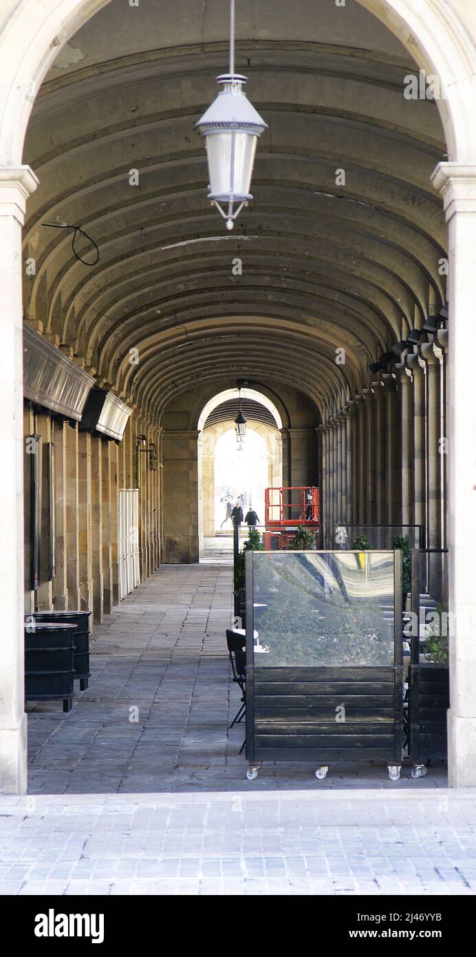 Columns and architectural arches of the Plaza Palacio in Barcelona ...