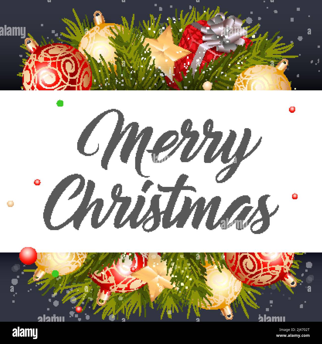 Merry Christmas lettering. Christmas greeting card with balls and gift ...