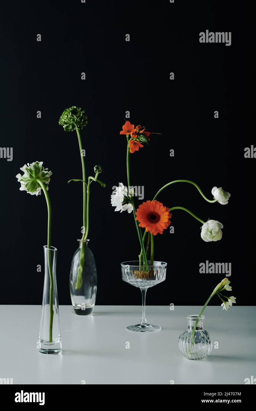 Vertical creative still life composition of beautiful flowers in ...