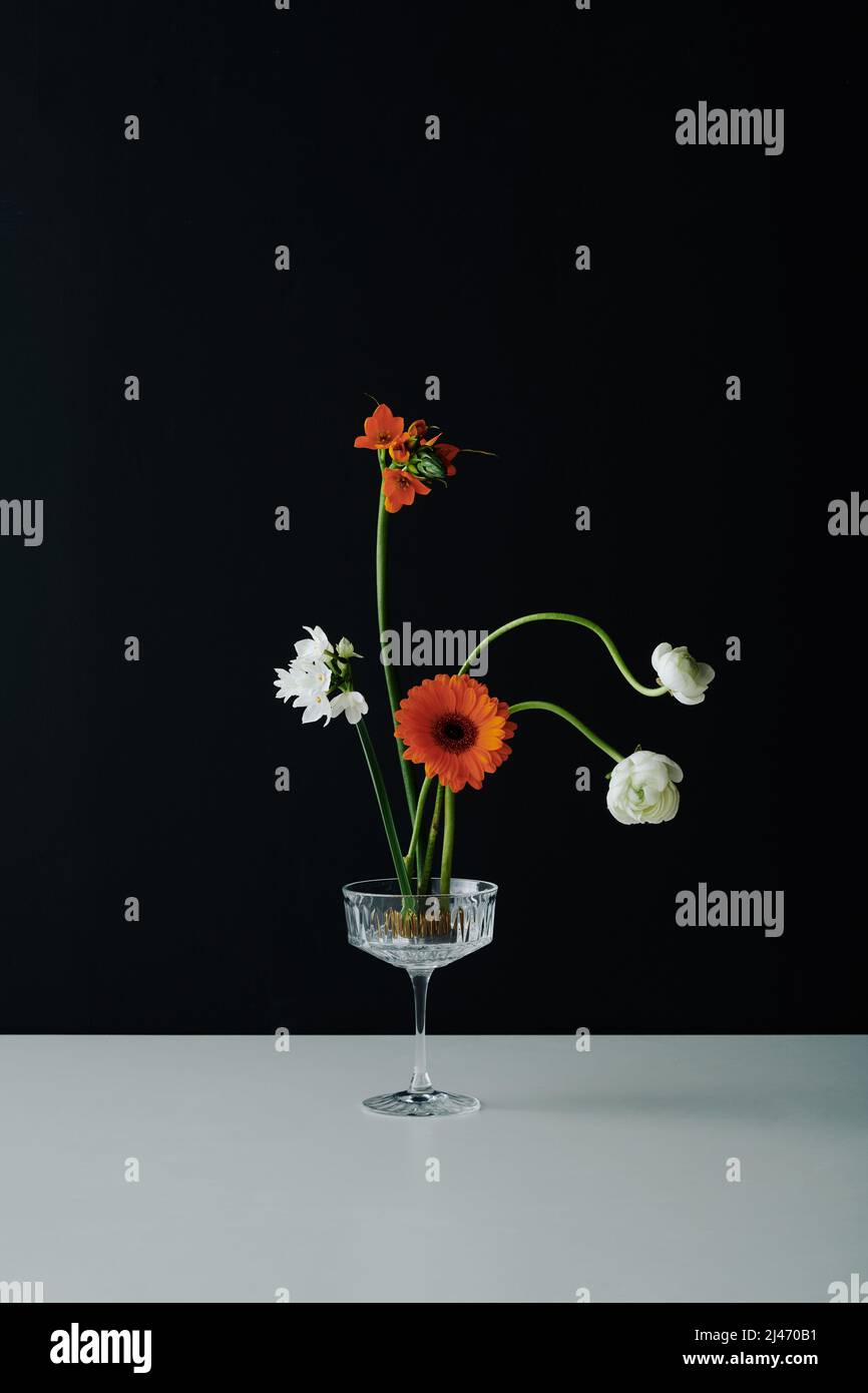 Vertical unusual still life composition of beautiful flowers in coupe ...
