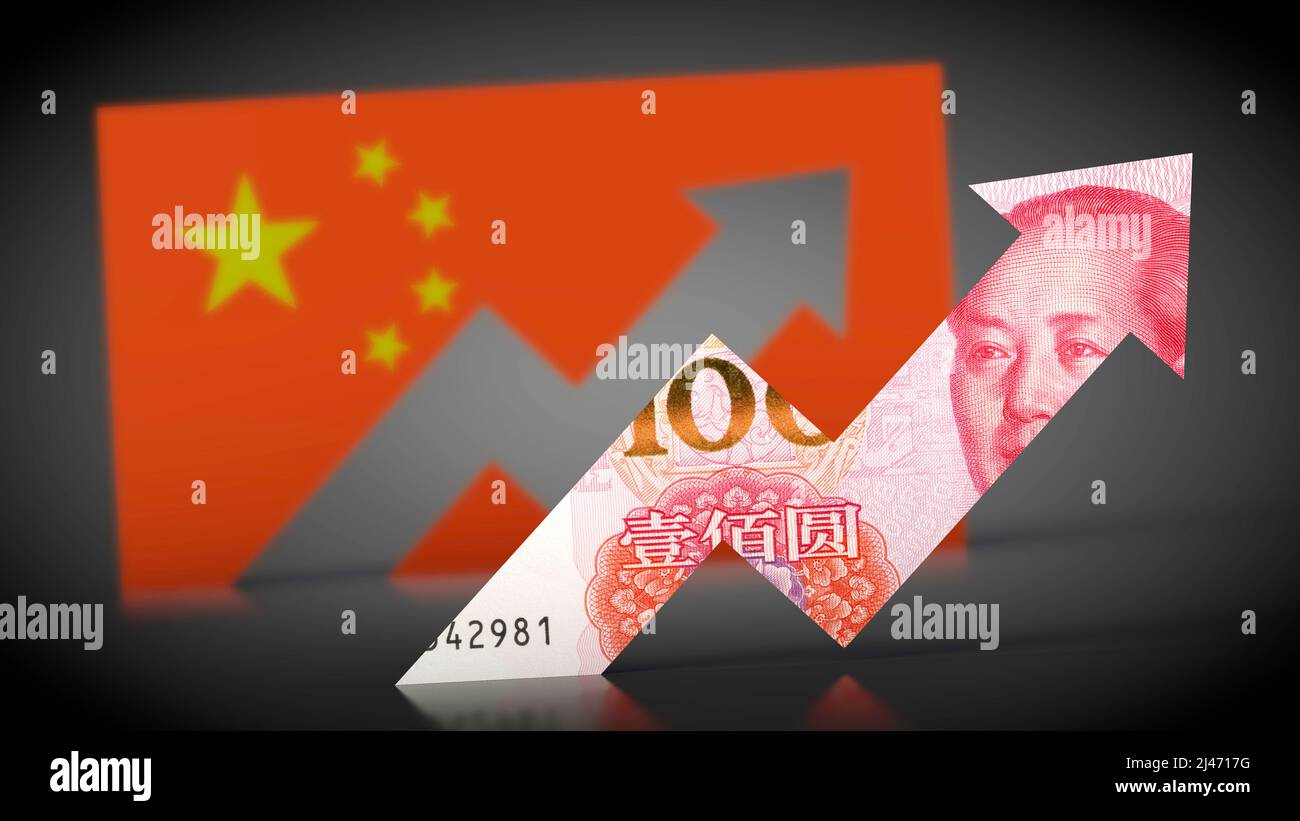 Inflation - Graph from Yuan banknote in front of China flag rises Stock ...