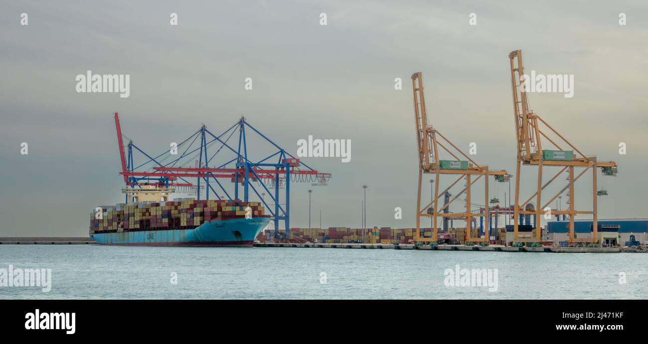 Málaga, Spain: April-02, 2022: container cargo freight ship and cranes ...