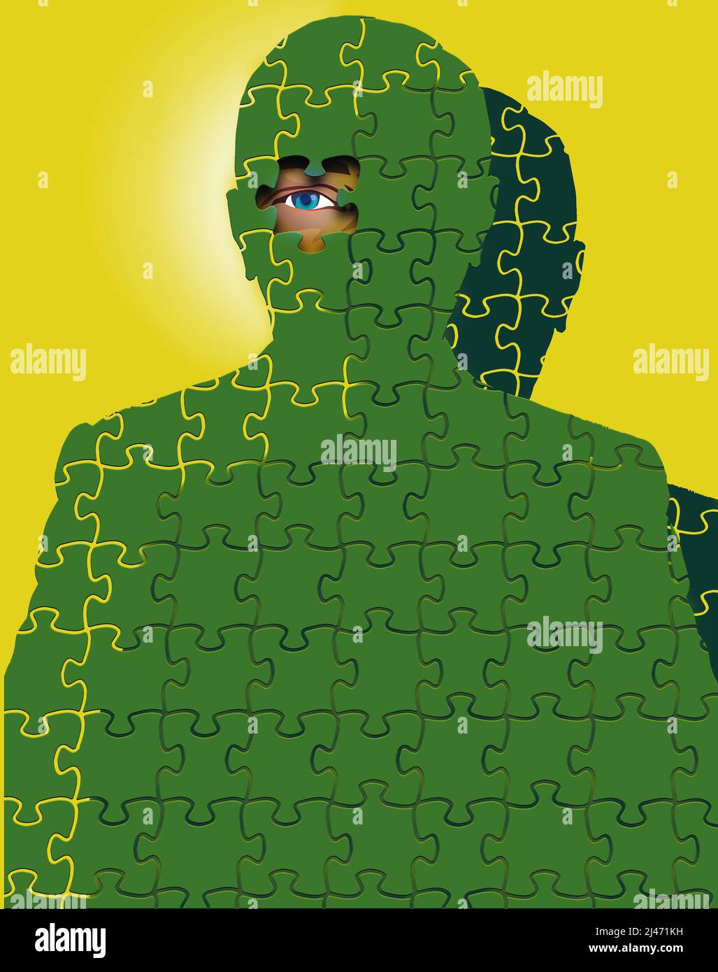 A human man is made in a jigsaw puzzle with a man’s eye peering in the ...