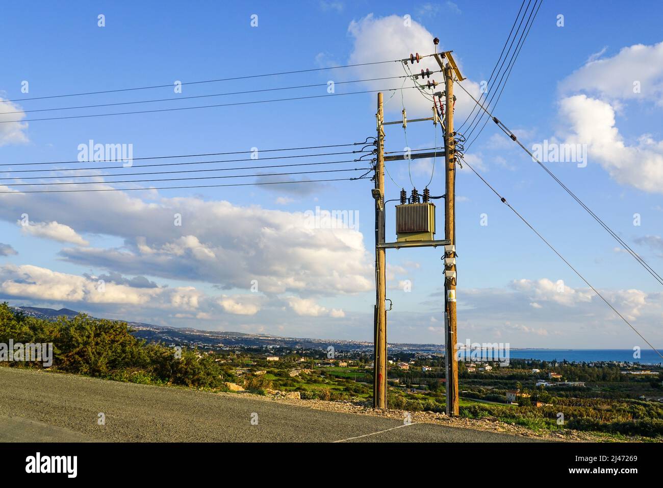 beautiful landscape with new modern overground wooden low voltage power ...