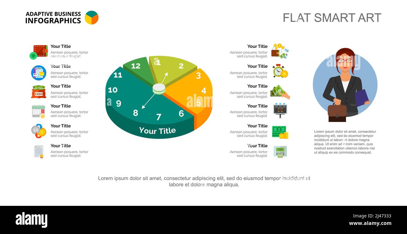 Twelve options pie chart slide template. Business data. List, time ...