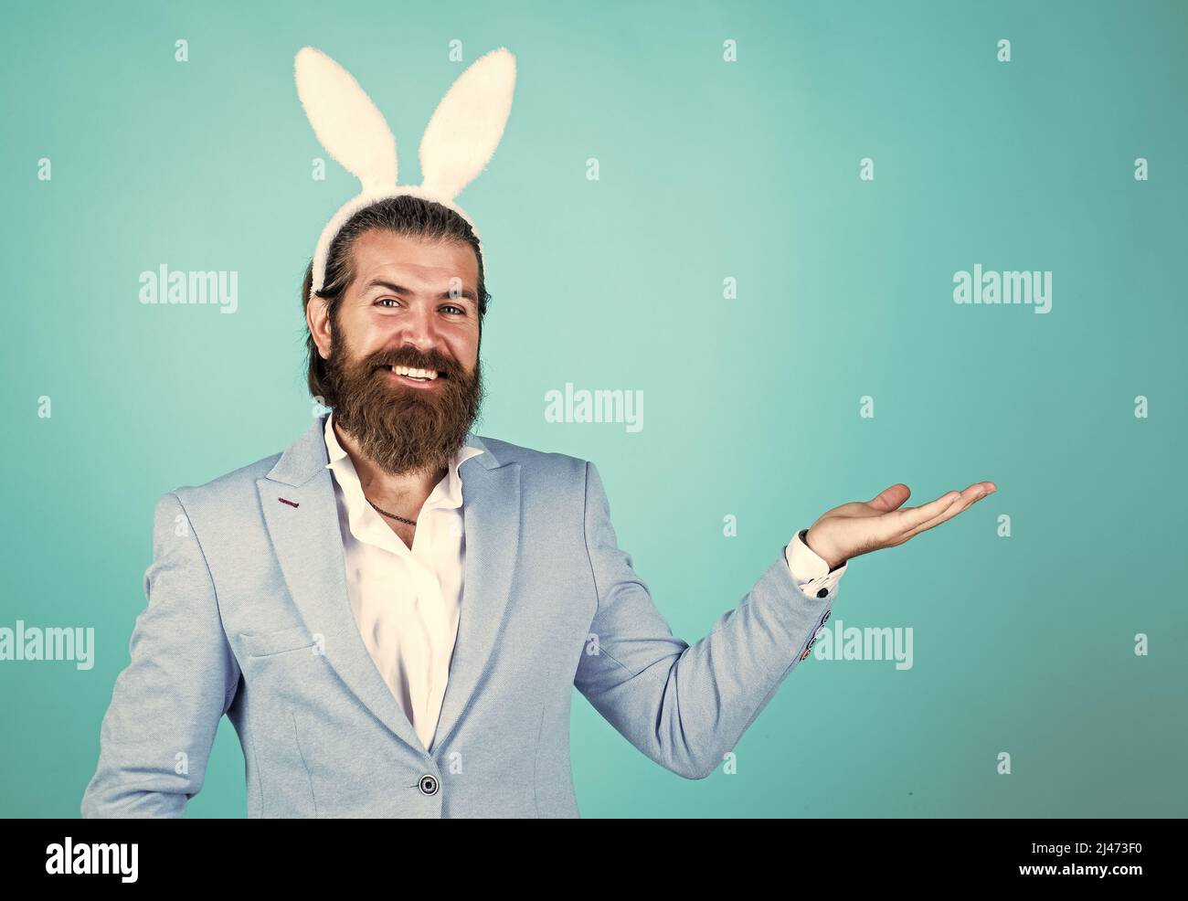 Man in bunny ears. rabbit man wear hare ears. bunny hunt begins. happy ...