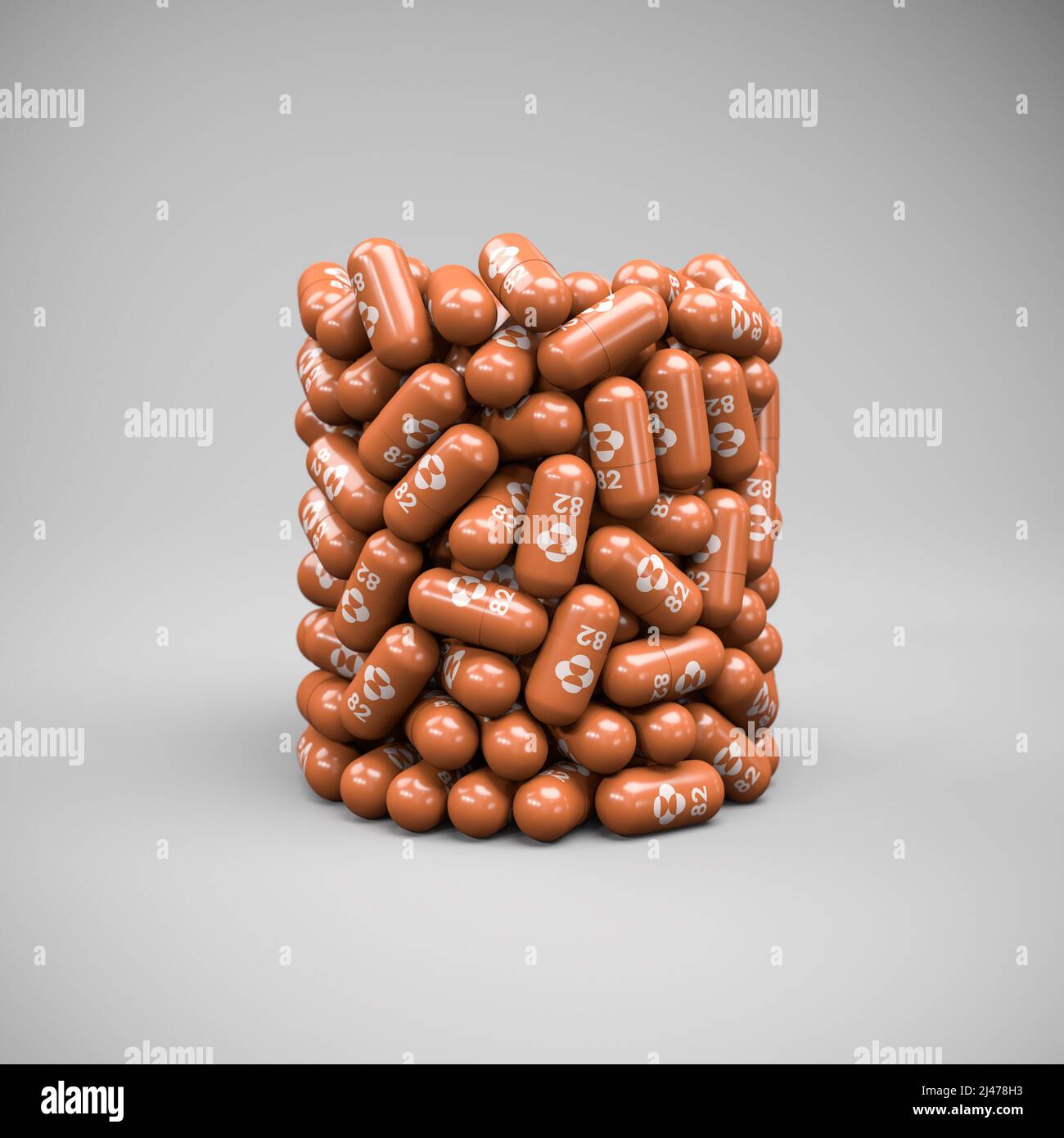 Pills of the drug Molnupiravir without the enclosing container on a ...