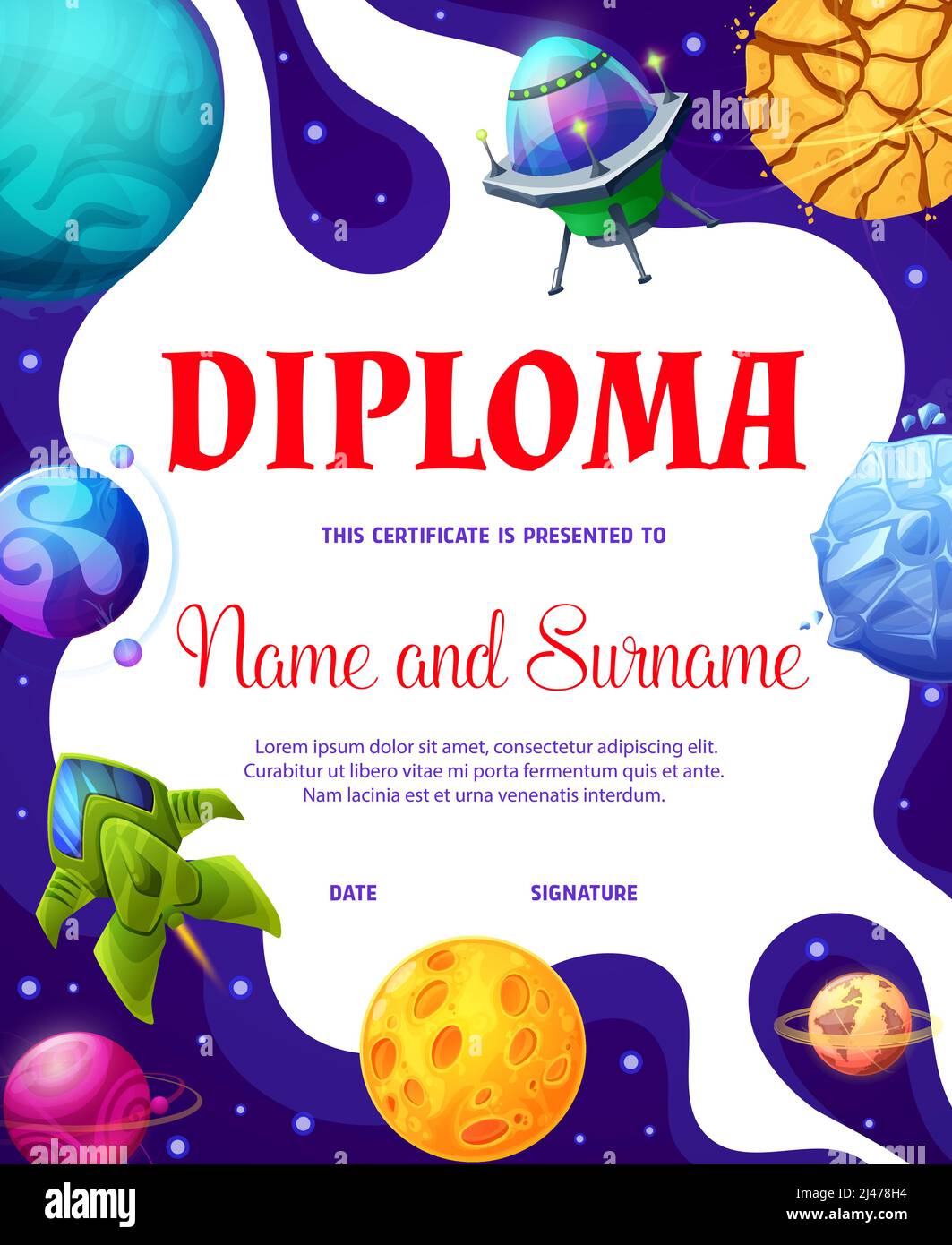 Kids diploma with cartoon galaxy and space rockets, UFO starcraft and ...