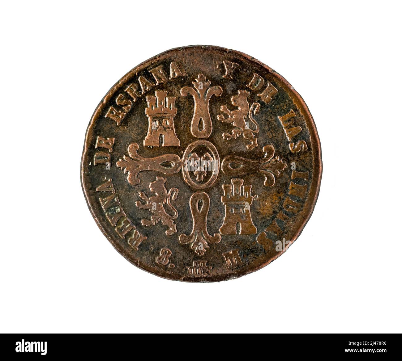 Spanish Coins - Reverse of 8 Maravedis, Isabel II. Minted in copper ...