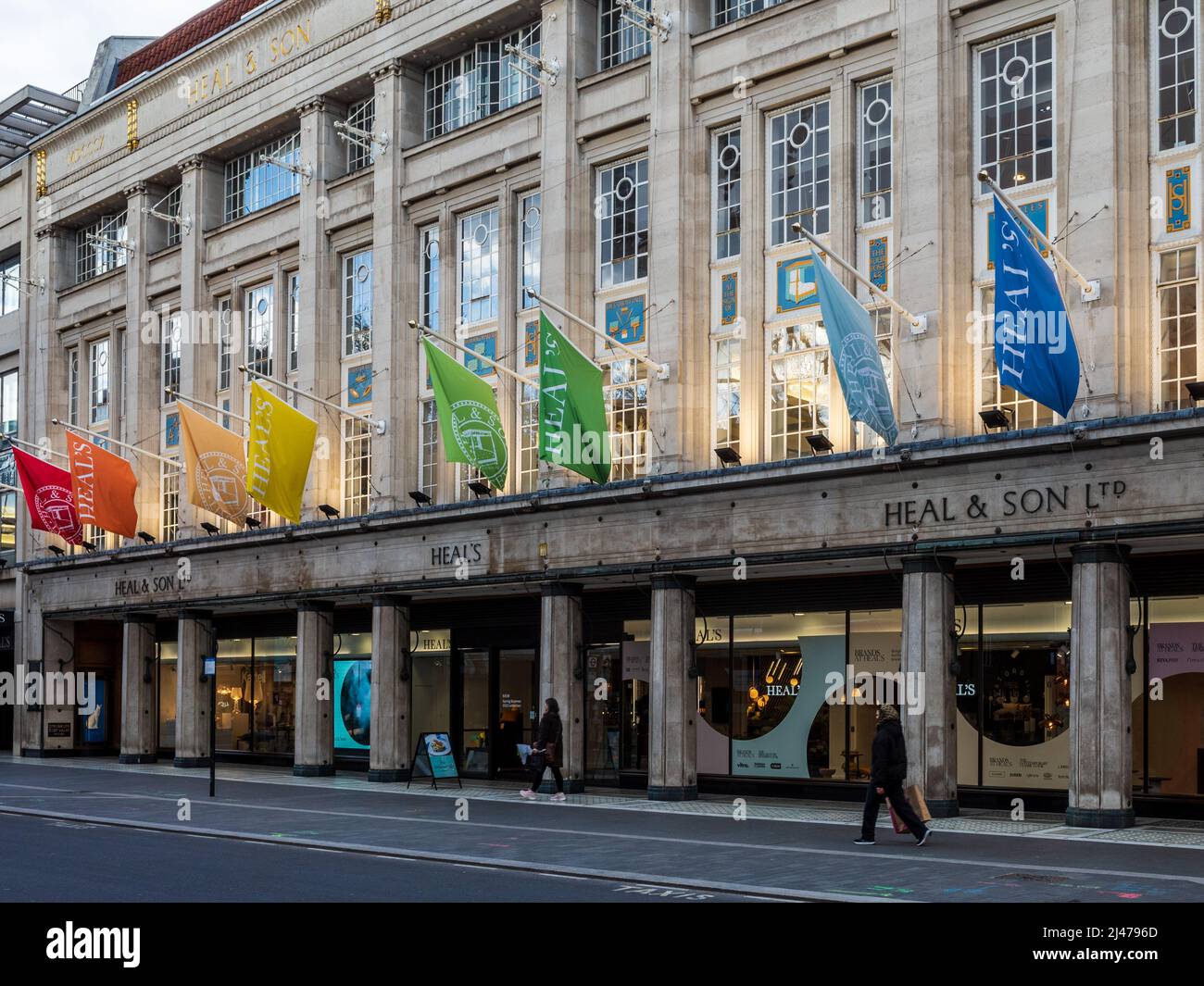 Heals Store Tottenham Court Road London. Vibrant flags wave outside the ...