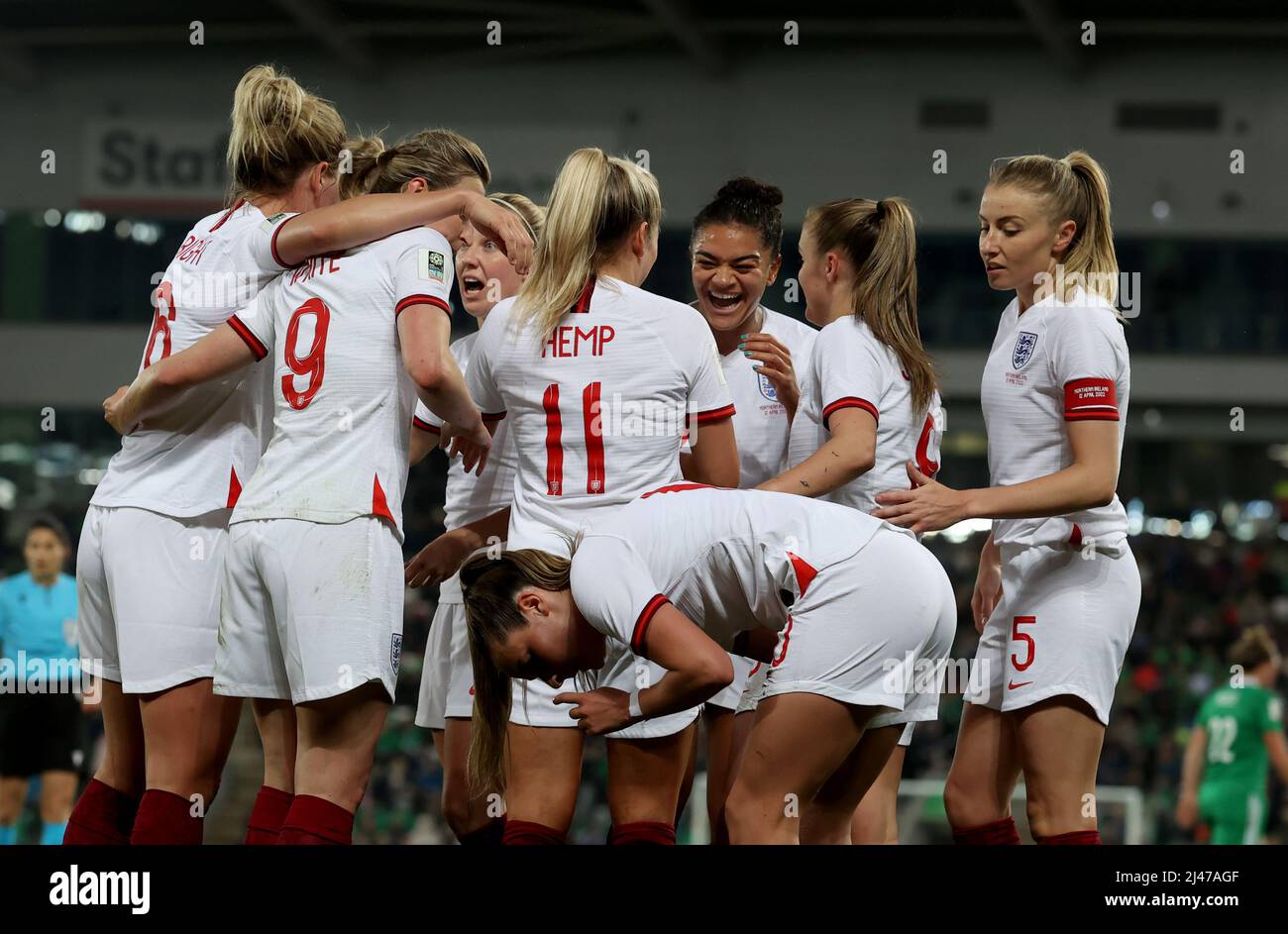 England’s Lauren Hemp celebrates scoring the opening goal during the ...