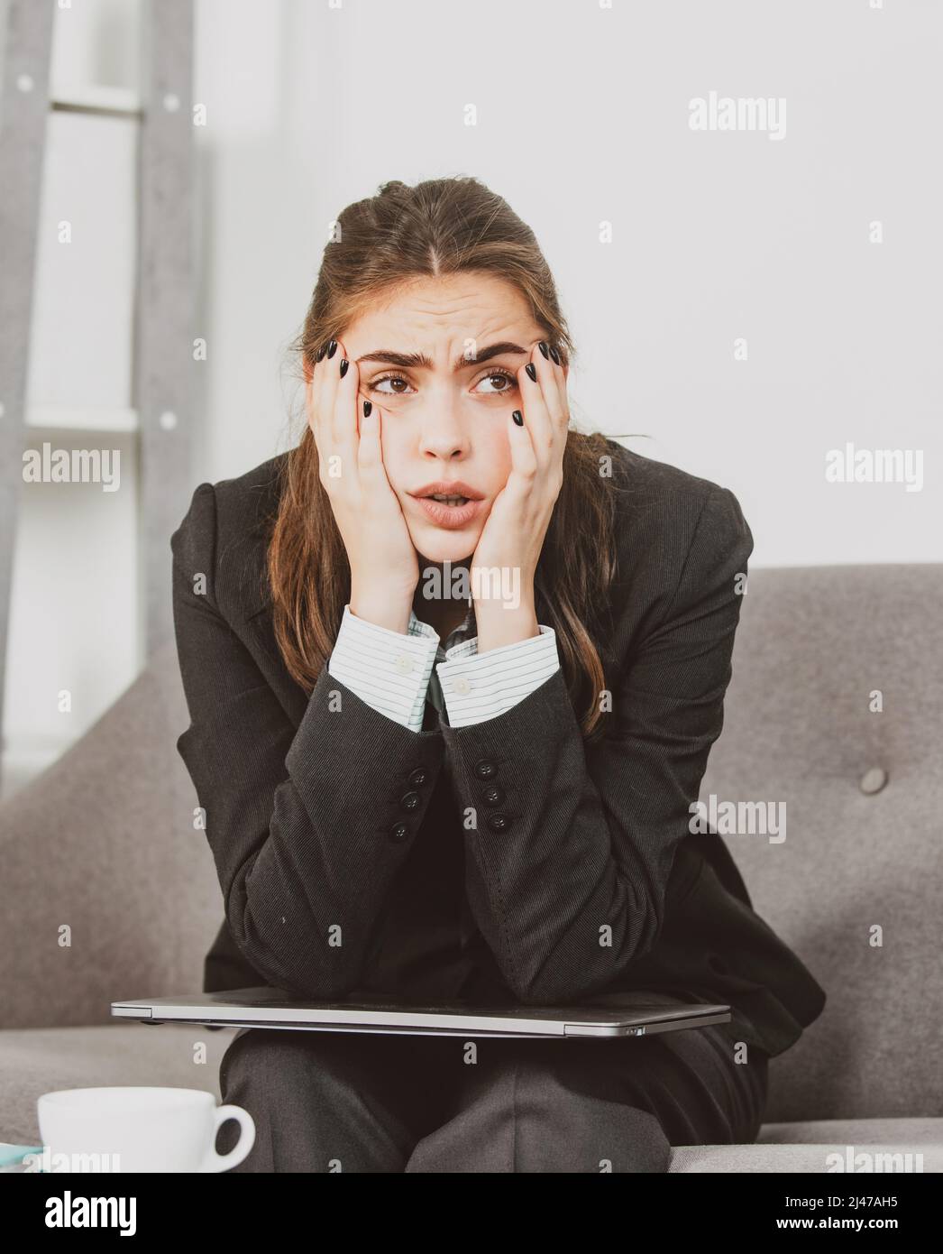 Upset business woman, unhappy secretary girl working overtime at office ...