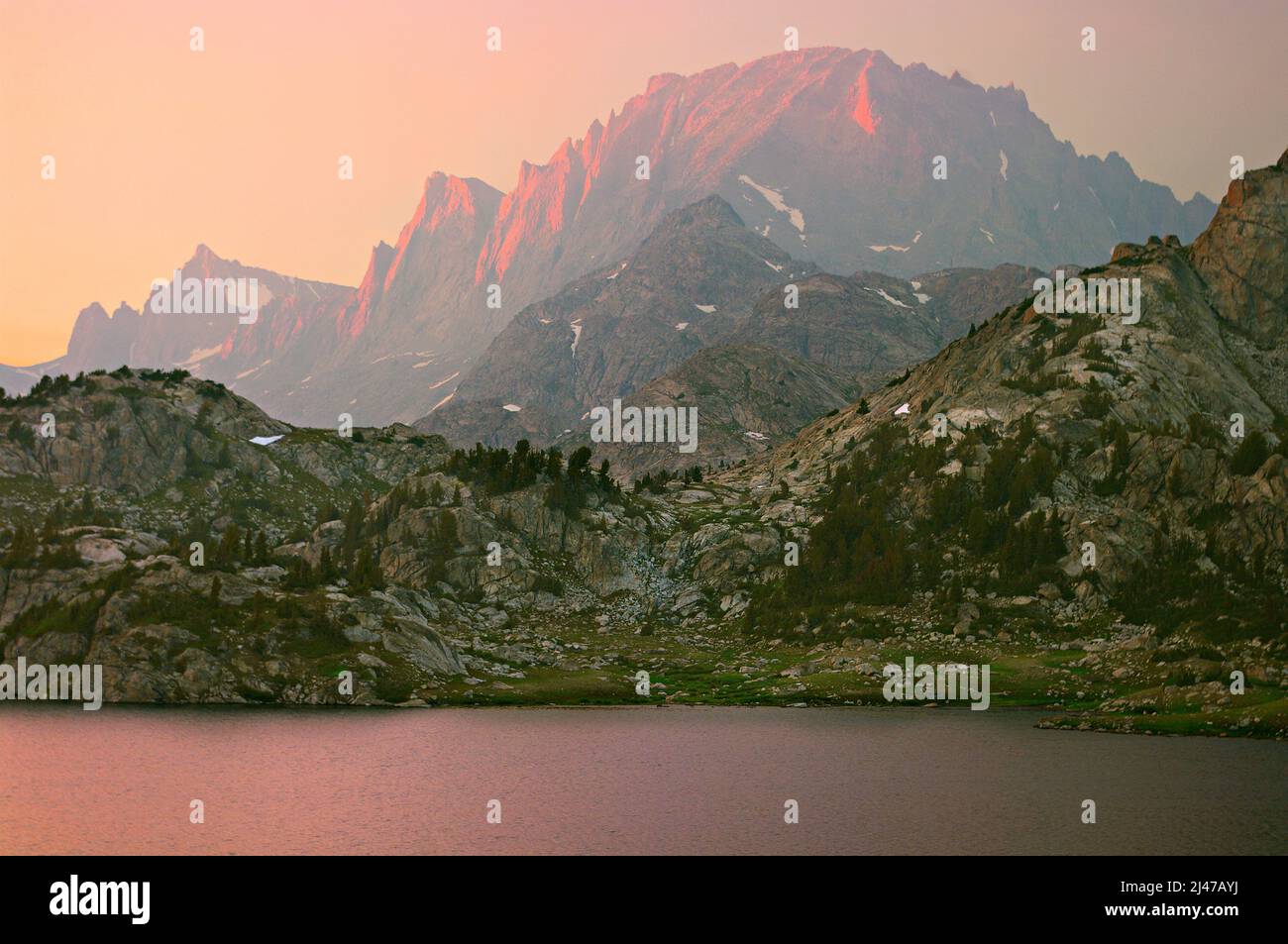 Smoky sunset at Island Lake below Fremont Peak, Wind River Range ...