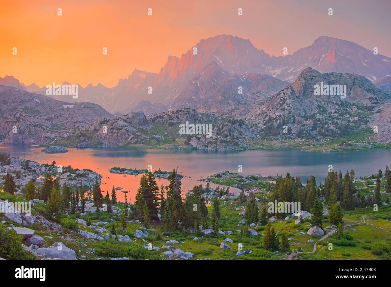 Smoky sunset at Island Lake below Fremont Peak, Wind River Range ...