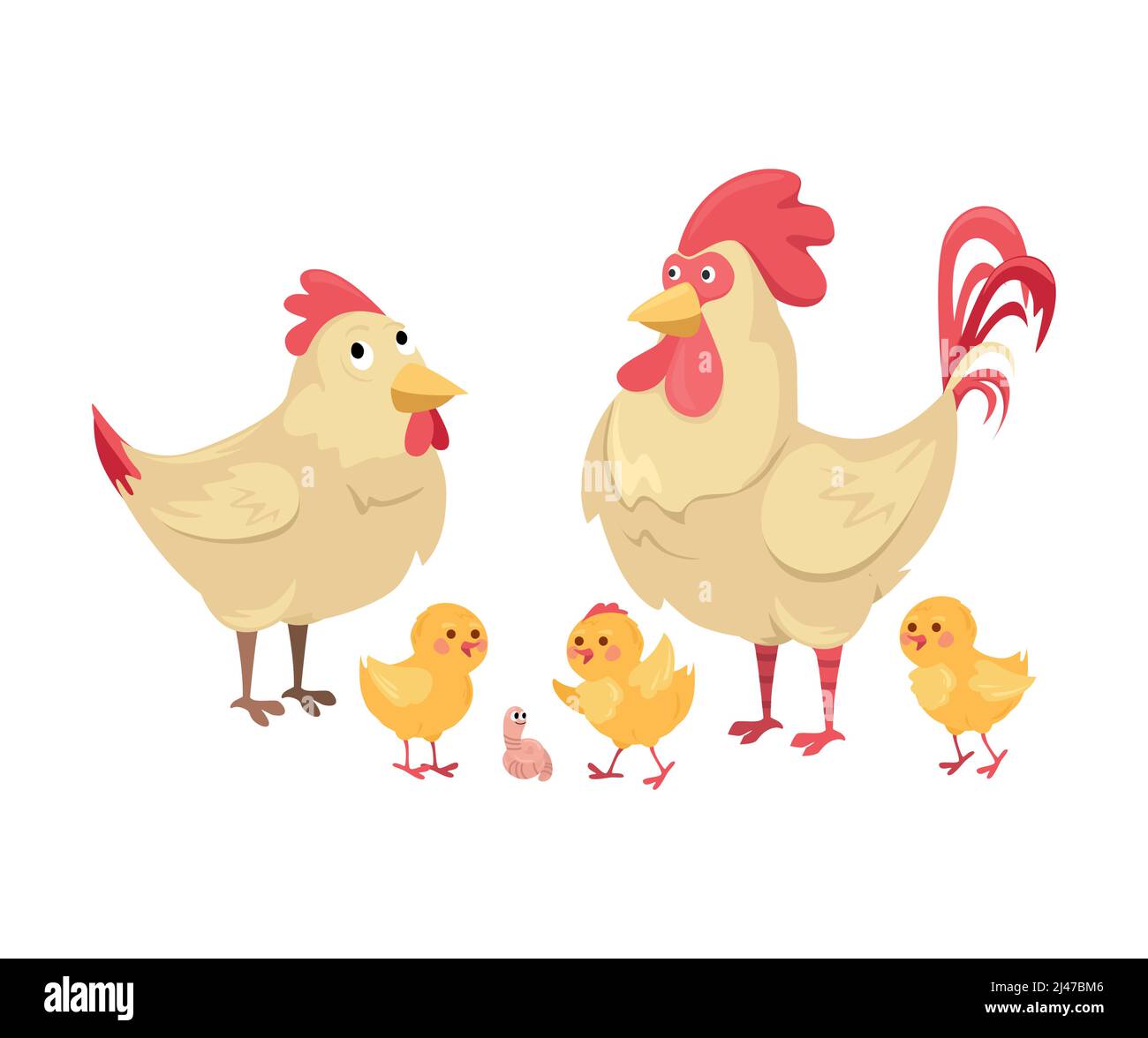 Hen and rooster with chickens on a white background. Cute chicken ...