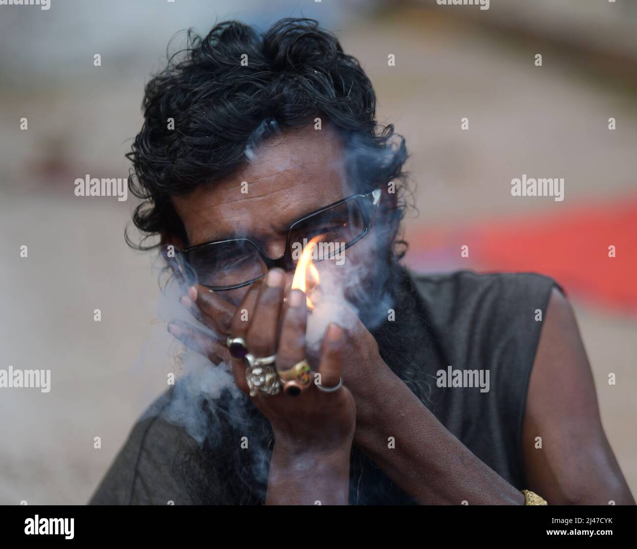 The Sadhus (Holy Men) smoke ganja (Cannabis) at a temple during Brahma ...