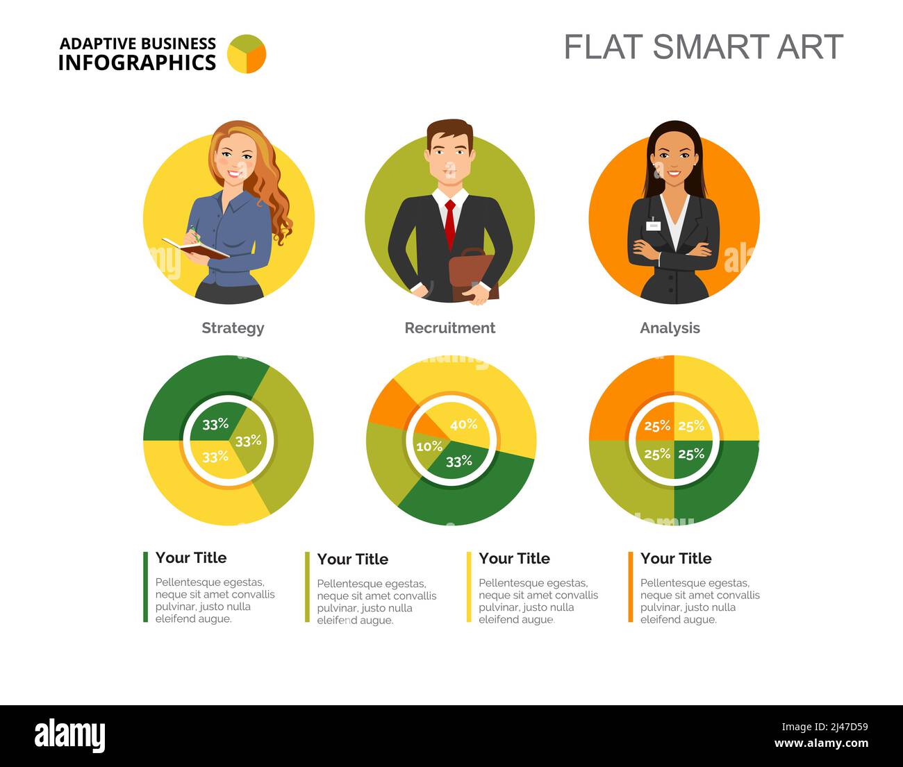Three businesspeople and pie charts. Business data. Percent, diagram ...