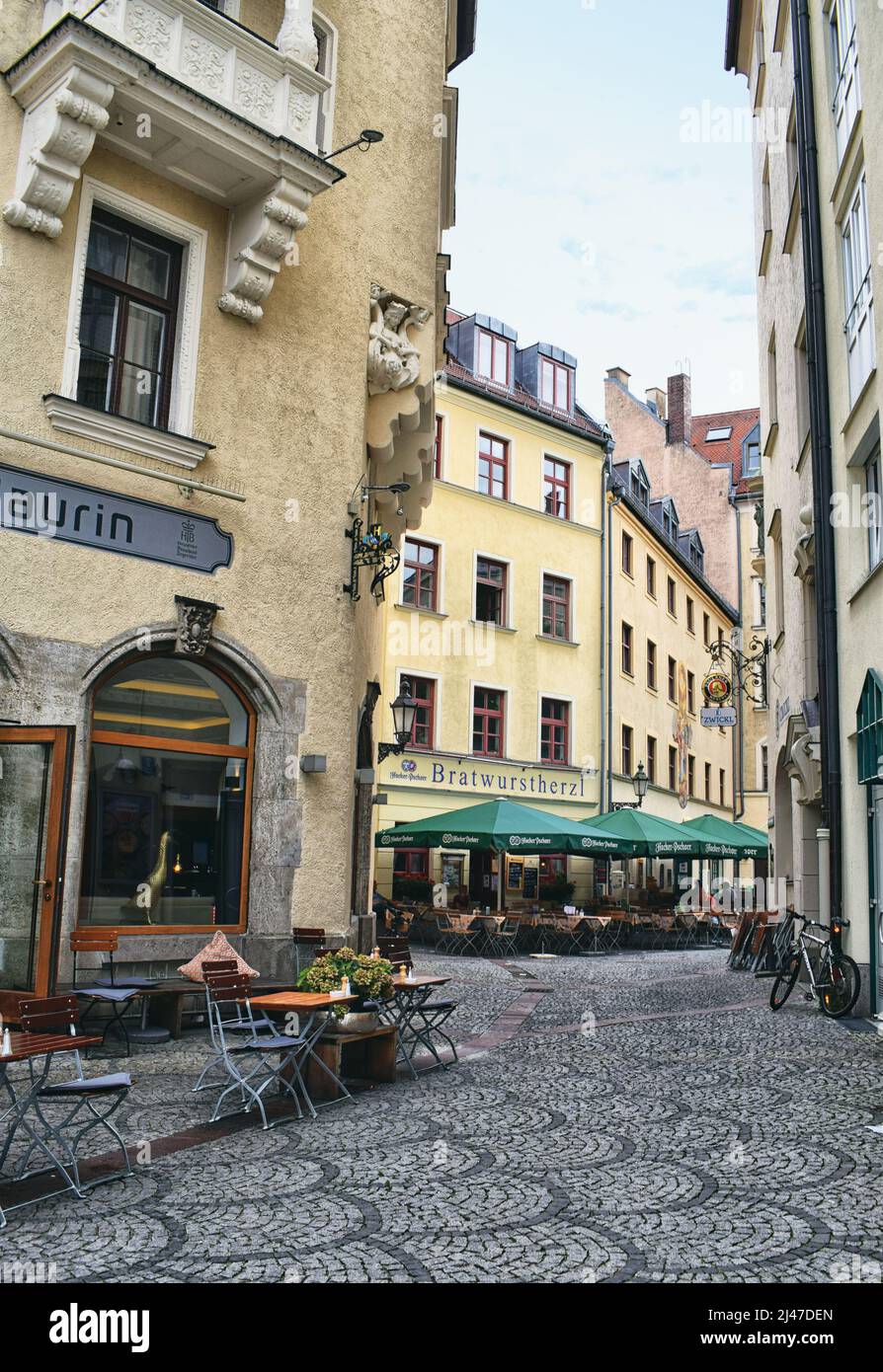 Street view of Munich city center with buildings and shops, Bavaria ...